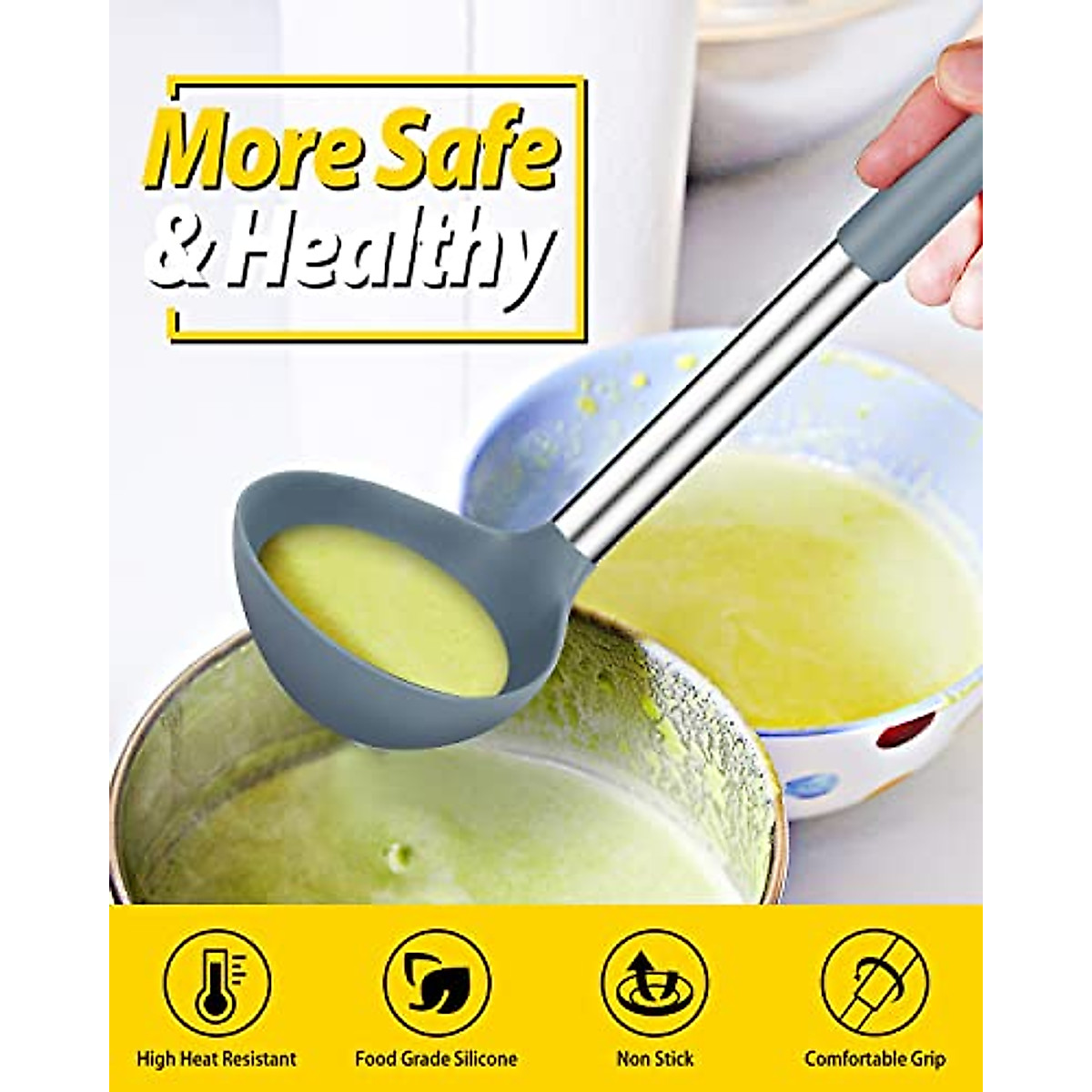 Pack of 2 Ladle Spoon,Silicone Large Spoon for Soup,Non Stick Kitchen Utensils with High Heat Resistant,BPA Free Perfect Kitchen Tools for Cooking, Stirring,Serving Soups (GRAY BLUE)