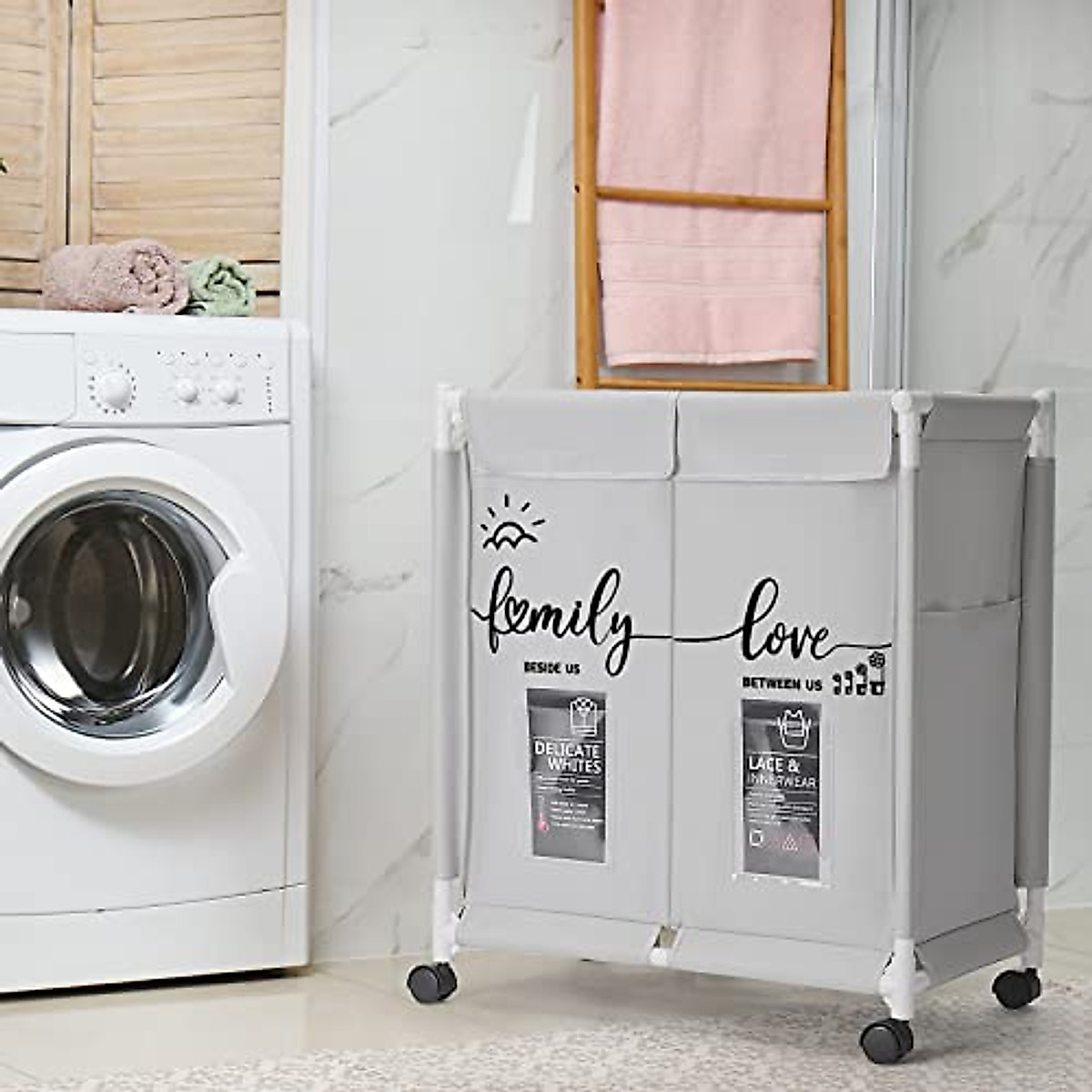 Laundry Sorter Cart with Lid, 110L 2 sections Oxford Cloth Laundry Hamper on Wheels, Laundry Basket for Family Dorm Room Clothing Throws Toys (22.6*13.6*26.6IN)