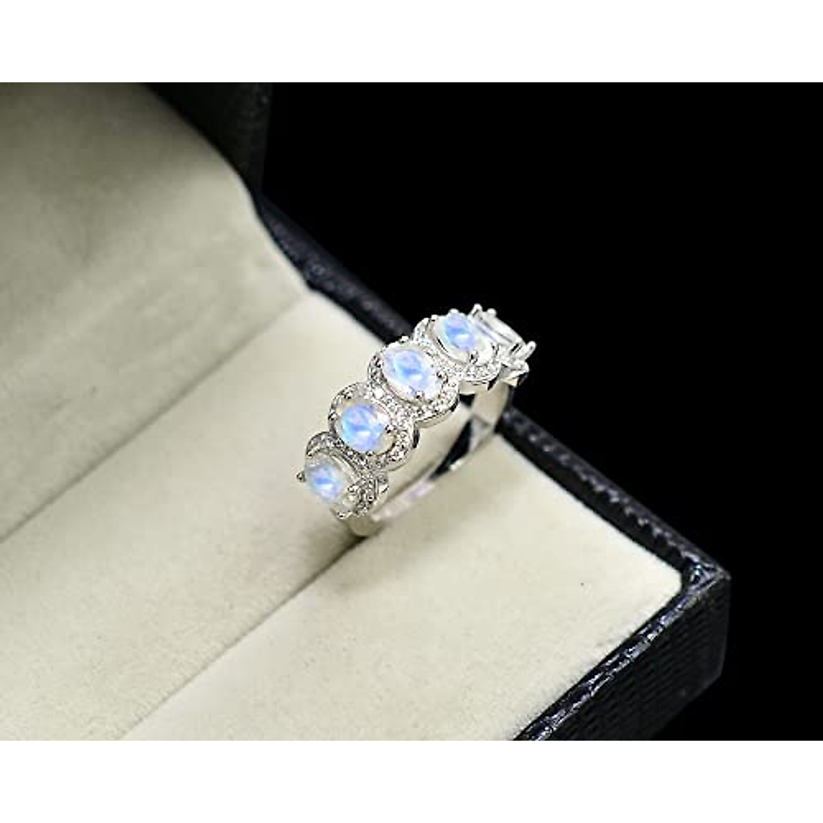 925 Sterling Silver Natural Blue Fire Rainbow Moonstone Ring Statement Ring June Birthstone Wedding Jewelry Proposal Ring Engagement Gift For Girlfriend Gift For Her (Sterling Silver, 9.25 US)