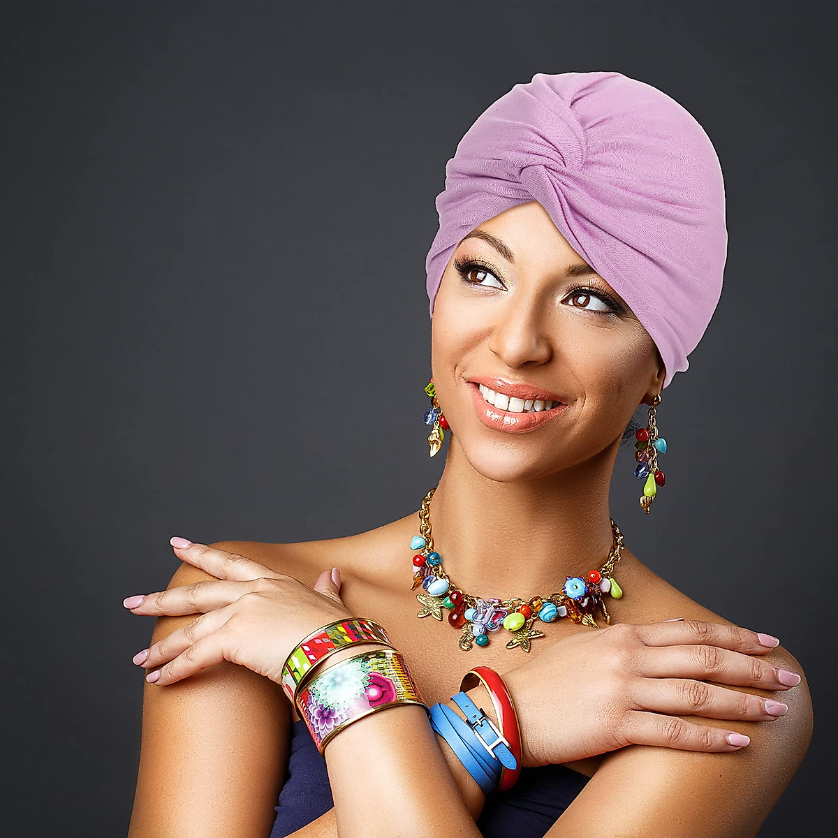 SATINIOR 4 Pieces Turbans for Women Soft Pre Tied Knot Fashion Pleated Cancer Turban Cap Chemo Headwrap Sleep Hat, 4 Colors(Blue, Purple, Pink, White)