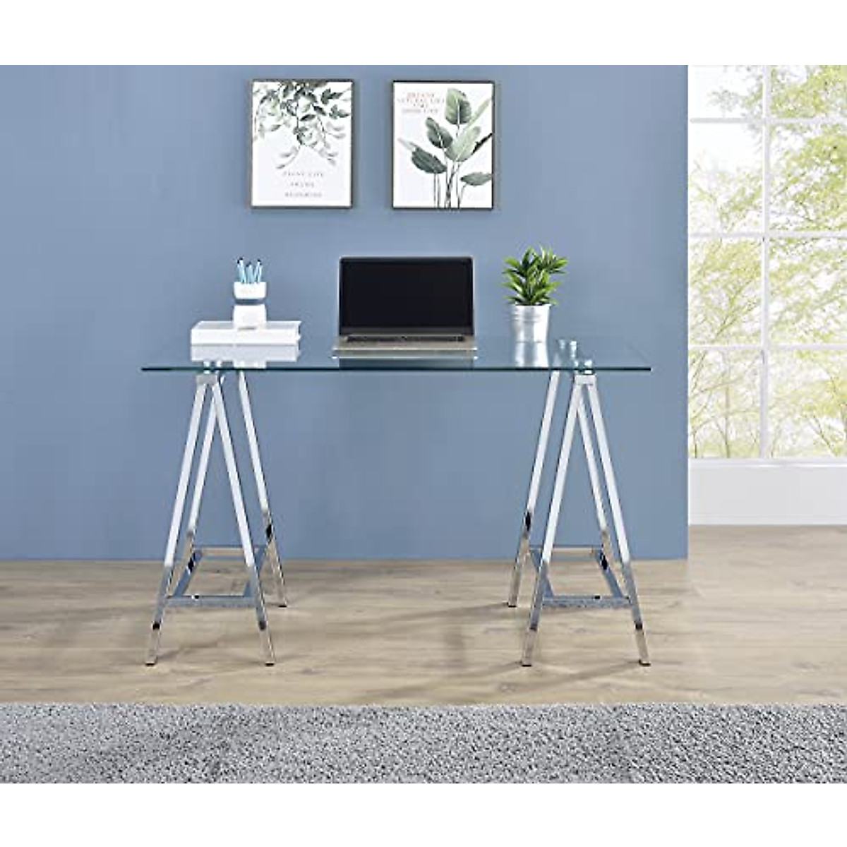 OSP Home Furnishings Middleton 47 Inch Desk with Clear Beveled Glass Top, Chrome Base