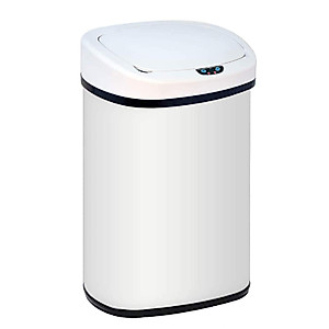 13.2 Gallon Trash Can Kitchen Bathroom Bedroom Stainless Steel Automatic Garbage Can with Odor Control System, 50 Liter Semi-Round No Touch Motion Sensor with Plastic Lid Brushed Waste Bin-White