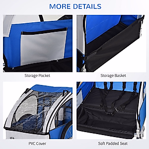 Aosom 2-Seat Child Bike Trailer for Kids with a Strong Steel Frame, 5-Point Safety Harnesses, & Comfortable Seat, Blue