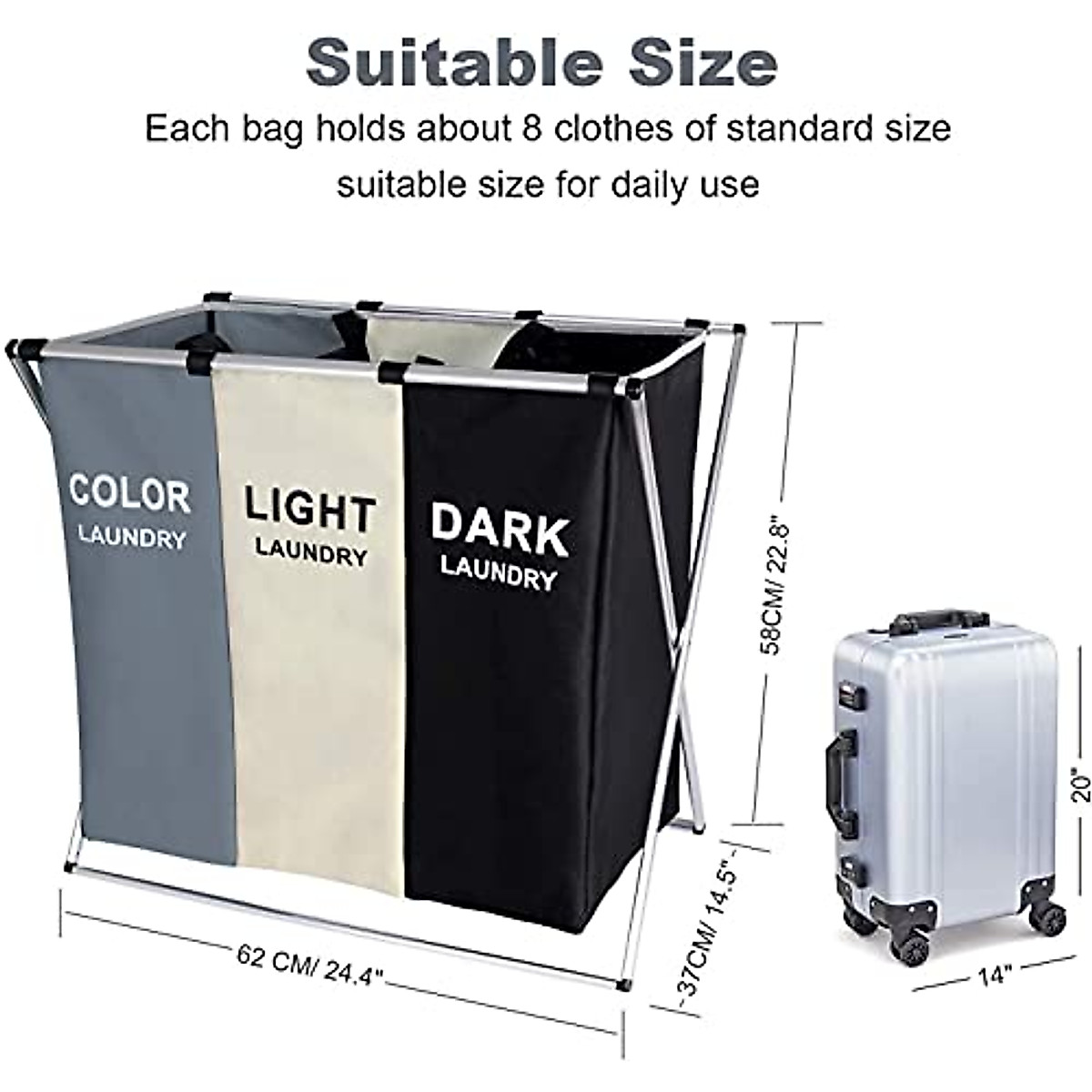 Laundry Hamper 3 Sections Laundry Basket Cloth Hamper Sorter storage Bin, Foldable Portable Waterproof Divided Large Dirty Clothes Basket for Bathroom Bedroom Home (Gray+Black+White)