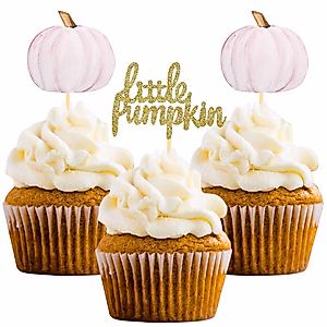 Little Pumpkin Cupcake Toppers, Thanksgiving Birthday Baby Shower Fall Theme Party Decorations Gender Reveal Supplies - Set of 24 (pink)