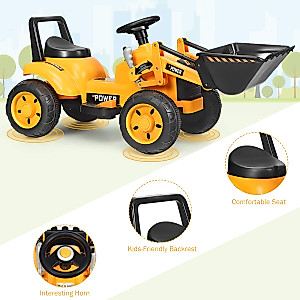 HONEY JOY Ride On Excavator, 6V Battery Powered Wheeled Loader Digger with Working Front Bucket, Forward/Backward, Electric Construction Vehicle for Kids, Ride On Tractor for Boys Girls, Yellow