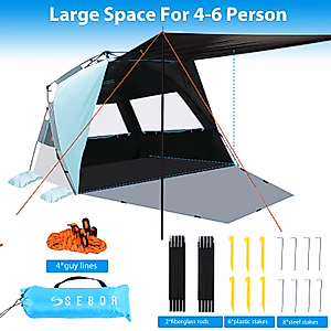 SEBOR Beach Tent, Deluxe XL Pop-up Canopy Cabana Beach Shade Tent for 4-6 Person, UPF 50+ with Dark Shelter Technology, Easy Set Up and Portable Beach Tent Sun Shelter (Mint Green)