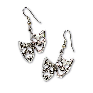 Comedy Tragedy Masks for Drama Theater and Actors Silver Finish Pewter Dangle Earrings