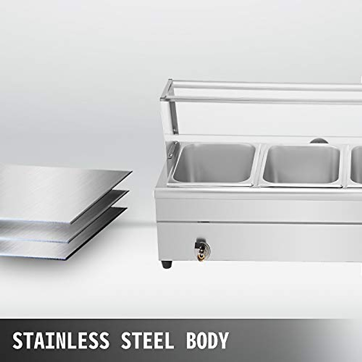 VEVOR 110V Bain Marie Food Warmer 6 Pan x 1/3 GN, Food Grade Stainelss Steel Commercial Food Steam Table 6-Inch Deep, 1500W Electric Countertop Food Warmer 42 Quart with Tempered Glass Shield