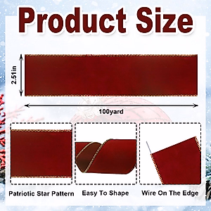 Threetols 100 Yards Red Velvet Wired Edge Ribbons, 2.5inch Red Velvet Solid Ribbon Gilt Edged Burlap Ribbon for New Year Birthday Party Wrapping DIY Craft Decoration Wreaths Bow