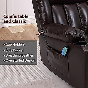 Ketaiyou Rocker Recliner Chair for Adults, Overstuffed Large Manual Recliner Swivel Glider with Massage and Heat, Upholstered Breathing Leather Living Room Reclining Sofa Chair (Brown)