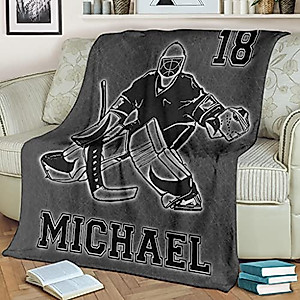 OhaPrints Custom Dark Grey Hockey Blanket Hockey Boy Player Personalized Name Number Soft Sherpa Throw Blankets Cozy Fuzzy Fleece Throws for Tv Sofa Couch Comfy Fluffy Blanket 30X40 50X60 60X80