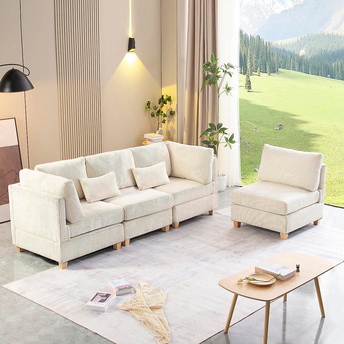 126"Modern Modular Sectional Sofa,L-Shaped Corduroy Fabric Modular Sofa with Movable Ottoman and Pillows,4 Seater Convertible Sleeper Sectional Couches for Small Living Room (Beige, 126"L-4 Seater)