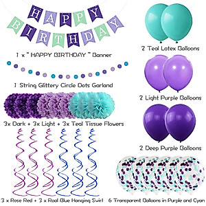 Mermaid Birthday Decorations for Girls Women, 29pcs Birthday Party Supplies Including Pom Poms Flowers Happy Birthday Banner Dots Garland Hanging Swirls and Balloons Purple Teal Confetti
