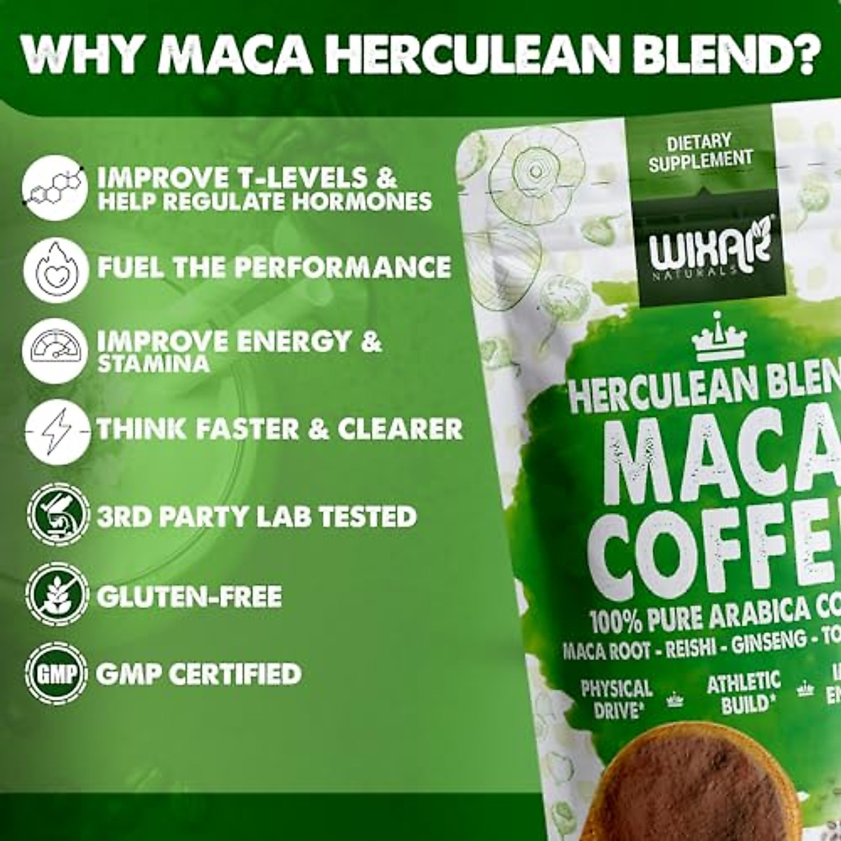 Wixar Instant Maca Coffee for Men and Women – Maca Coffee Powder - Instant Coffee Blend with Maca Root, Reishi Mushroom, Ginseng, Tongkat Ali - Dark Roast, Size 4oz Maca Supplement