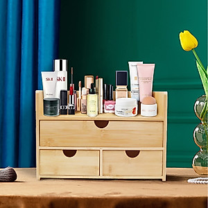 TOLONAG Large Bamboo Makeup Organizer with 1 Drawer and 2 Smaller Drawers, 100+1 Uses, Durable and Smooth