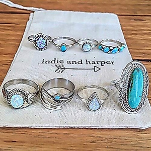 SOURBAN 8 Pcs Imitation Turquoise Finger Rings Set Women Vintage Hollow Wide Party Wedding Rings