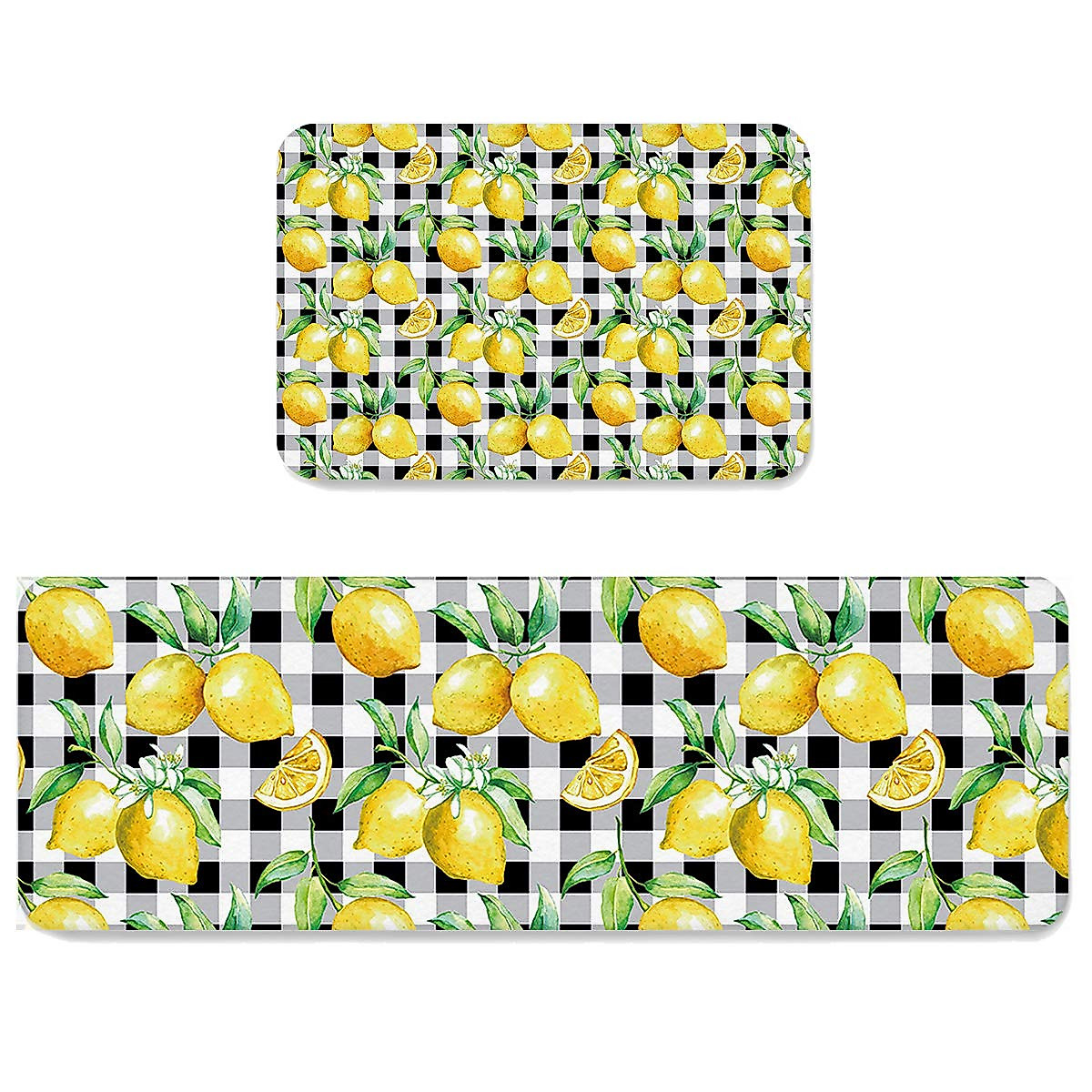 Kitchen Floor Mat Set of 2 Nature Fruit Comfort Cushioned Antifatigue Mats for Standing Waterproof Kitchen Rug Set for Home Office Lemon Black White Buffalo Check Plaid 15.7x23.6inch+15.7x47.2inch