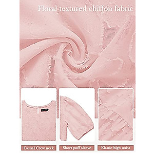 MEROKEETY Summer Dress for Women Elegant Smocked Short Puff Sleeve Floral Solid Midi Maxi Dresses,Pink,S