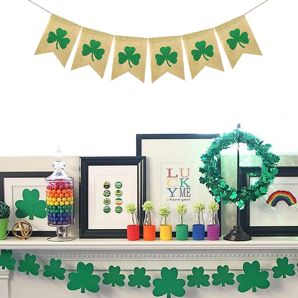FAKTEEN St. Patrick's Day Glitter Shamrock Clover Burlap Banner - Green and Light Green Color Irish Party Supplies Home Hanging Garland Decor