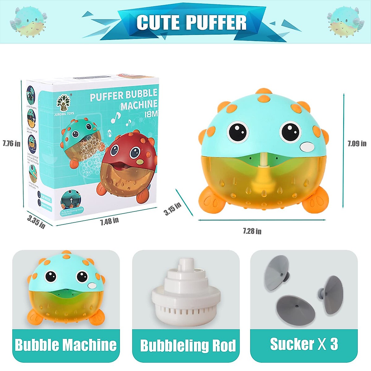 Bathtub Bubble Machine, Bath Bubble Maker Automatic Bath Toy for Baby Toddler Kids, Puffer Shape with Music, Bathroom Blowing Bubbles Funny Gift for Boys and Girls (Globefish Blue)