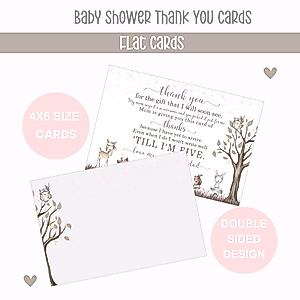 Paper Clever Party 25 Girls Woodland Baby Thank You Cards Pack – Cute Baby Shower Notes with Envelopes, Prefilled Message, Customizable Blank Stationery, Pink, Rustic Floral, New Parents Gift Ideas