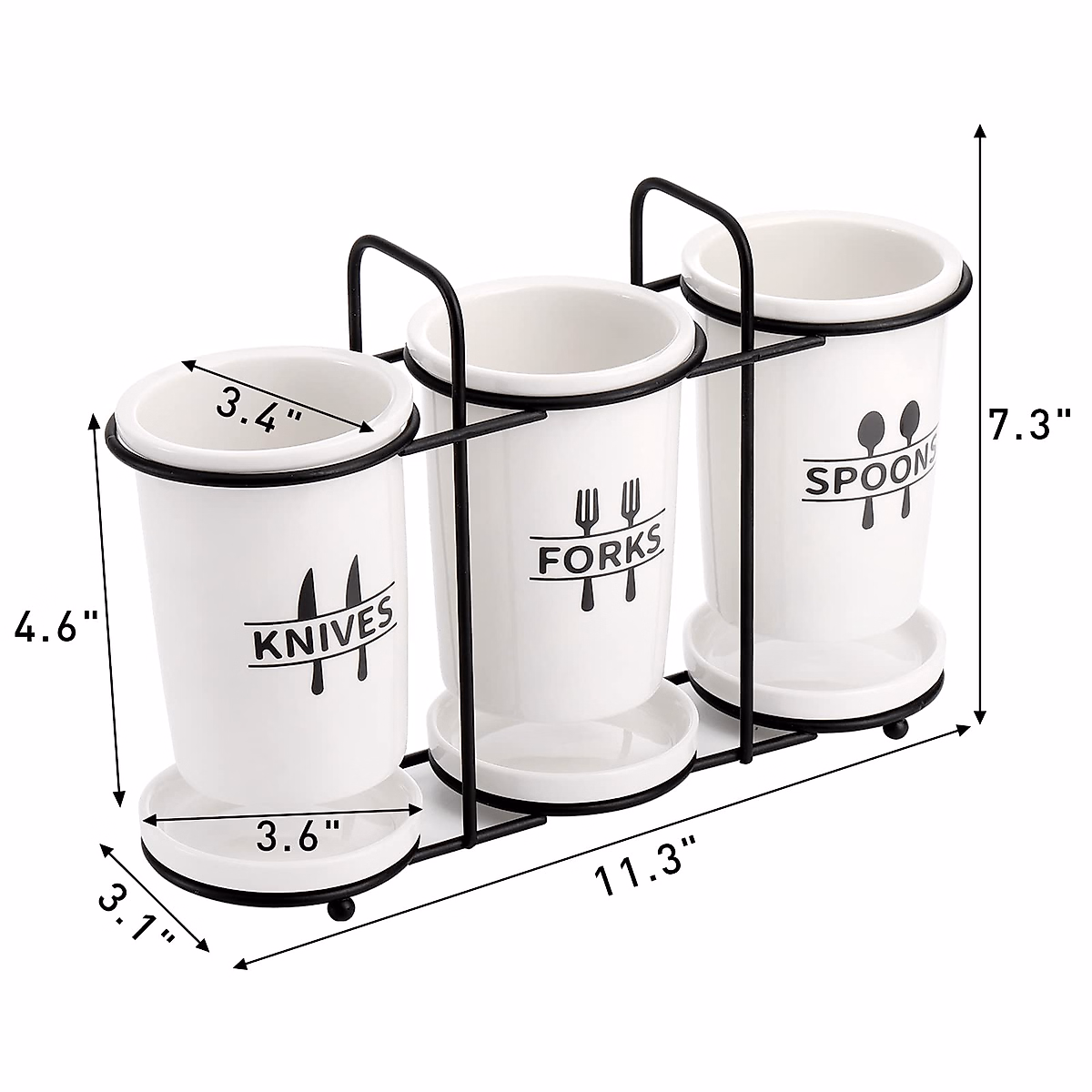 Fasmov Flatware Holder, 3-Piece Silverware Caddy Utensil Holder Ceramic Flatware Caddy with Metal Rack, Flatware Caddy White Ceramic Cutlery Organizer for Forks, Spoons, Knives
