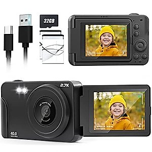 ESOXOFFORE Digital Camera for Teens,2.7K 40MP Autofocus Vlogging Camera with 180 Degree Flip Screen,16X Digital Zoom Compact Portable Video Camera for 8-15 Year Old Kids Student Boys Girls (Black)