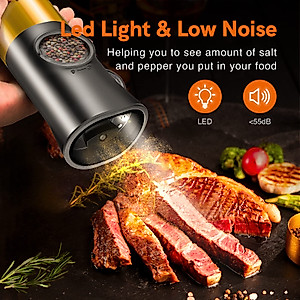 Gravity Electric Salt and Pepper Grinder Set - USB Rechargeable，Automatic Salt Pepper Mill with 5 Adjustable Coarseness, Ceramic Grinder with Bottom Cap, White LED Lights
