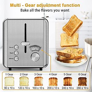 Toaster 2 slice, whall Stainless Steel Toasters with Bagel,Cancel,Defrost Function,Removable Crumb Tray,1.5in Wide Slot,6 Bread Shade Settings,for Various Bread Types (850W)