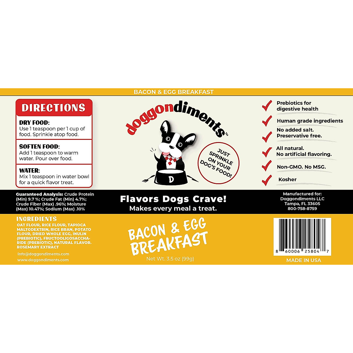 Doggondiments Bacon & Egg Breakfast Dog Food Topper, Fun People Food Flavors, Powder, Small & Large Breeds, Made in USA