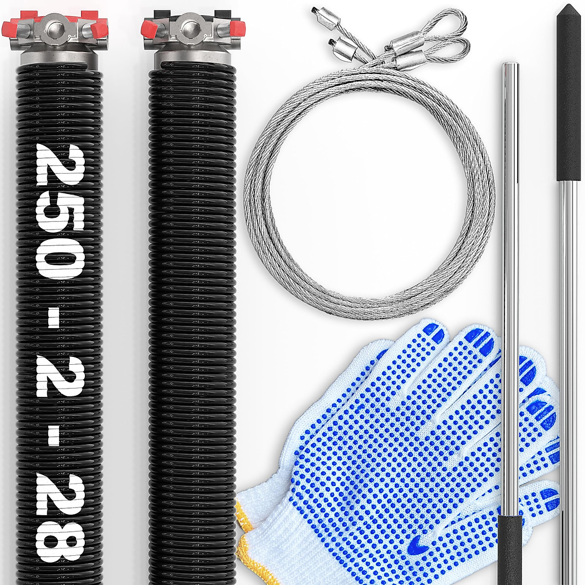 Blesseras Pair of 2" Garage Door Eletrophorsis Coated Torsion Springs Set (0.250 x 2" x 28") Includes 8.5 ft. Garage Door Cable, Pair of Non-Slip Winding Bars, Glove