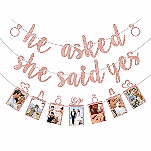 He Asked She Said Yes Banner, Engagement Banner and Photo Banner with Precious Memories, She Said Yes Decorations, Engagement Decorations, Engaged/wedding Party Decorations Rose Gold Glitter