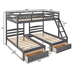 Triple Bunk Bed Full Over 2 Twin Bunk Bed with 3 Drawers and Guardrails, Bunk Bed for Family, Teens, No Box Spring Needed