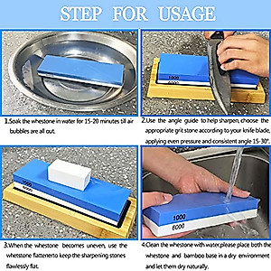 ZJNUO Whetstone Sharpening Stone Kit Dual Sided 1000/6000 Grit Professional Whetstone Knife Sharpener Stone Wet Stone Set Nonslip Rubber&Bamboo Base Angle Guide,and Fix Stone Blue/White