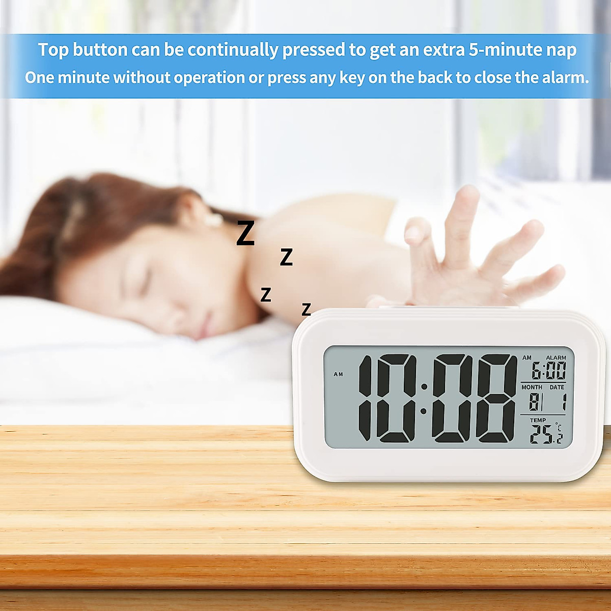YUANRANER Digital Alarm Clock with Indoor Temperature, Battery Operated,Snooze Model,12/24H Display for Bedrooms Heavy Sleepers Kids Travel Bathroom Desk Smart Clock