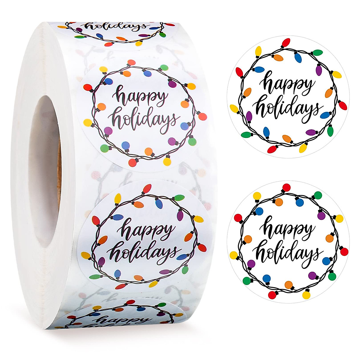 Epakh 1000 Pcs 1.5 Inch Happy Holiday Stickers Christmas Sticker for Envelopes Circle Label Holiday Lights Sticker Round Xmas Tag Envelope Seal Decals for Christmas Greeting Card (Black)
