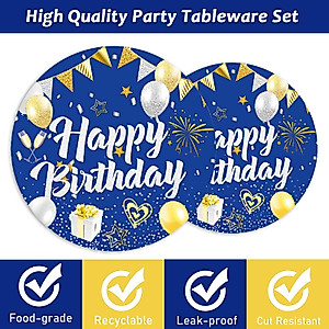 49 Pcs Navy Blue Birthday Party Tableware Set Blue Gold Birthday Party Supplies Navy Blue Plates,Napkins,Tablecloth Table Decorations for Men Women Birthday Graduation Party,Serves 16