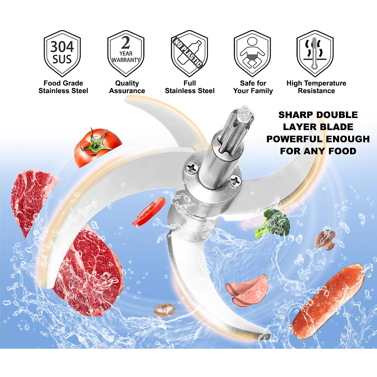 Full Steel Food Processor Blade Plastic-Free Chopping Blade for 8 Cup(2L) Bowl, Compatible with Syvio HOMEASY KOIOS HOVOBO Kitchen-in-the-box and More