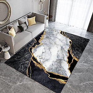 Nordic Luxury Black Gold White Geometry Art Area Rug, Abstract Marble Indoor Rug, Soft Foldable Non Slip Breathable Foldable Carpets for Living Room Bedroom Entryway Hotel Office 3x5ft