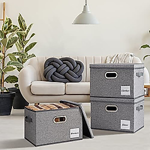 LHZK Large Storage Bins with Lids 6 Pack, Linen Fabric Storage Boxes with Lids, Foldable Storage Baskets with 3 Handles and Label Window for Shelves Bedroom Closet Office (15.75x11.8x10.2,Grey,Black)