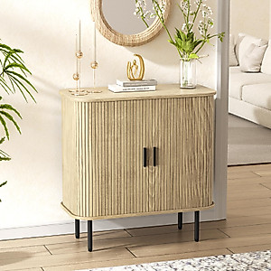 31''W Natural Buffet Sideboard Cabinet with Storage, Fluted Storage Cabinet Black with Curvy Edge; Sliding Door, Freestanding Accent Cabinet, Credenza, Console Table for Living Room, Kitchen, Hallway
