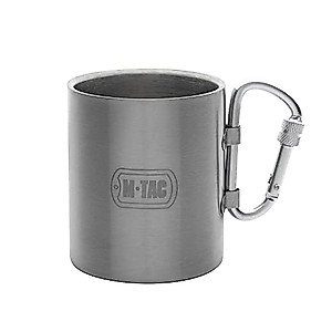 M-Tac 9.5oz Insulated Thermal Cup Mug - Double Wall Stainless Steel Thermo Tumbler with Collapsible Carabiner Handle - No Lid