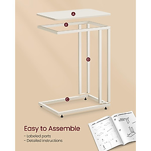 VASAGLE End Table, C Shaped TV Tray with Metal Frame Rolling Casters for Coffee Laptop Mobile Tablet, Industrial Side Table for Living Room Bedroom, 19.7 x 13.8 x 23.6 Inches, Cream White ULNT050W77