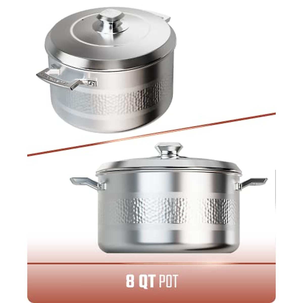 Dalstrong Stock Pot - 8 Quart - The Avalon Series - 5-Ply Copper Core Cookware - Cooking Pot - Hammered Finish Sauce Pot - Premium Silver Pots and Pans - Dutch Oven Pot with Lid & Pot Protector