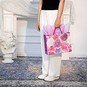 13" Large Gift Bag with Tissue Paper and greeting Card envelope for Women's Birthday, Bridal showers,Wedding gift (Purple Flower)