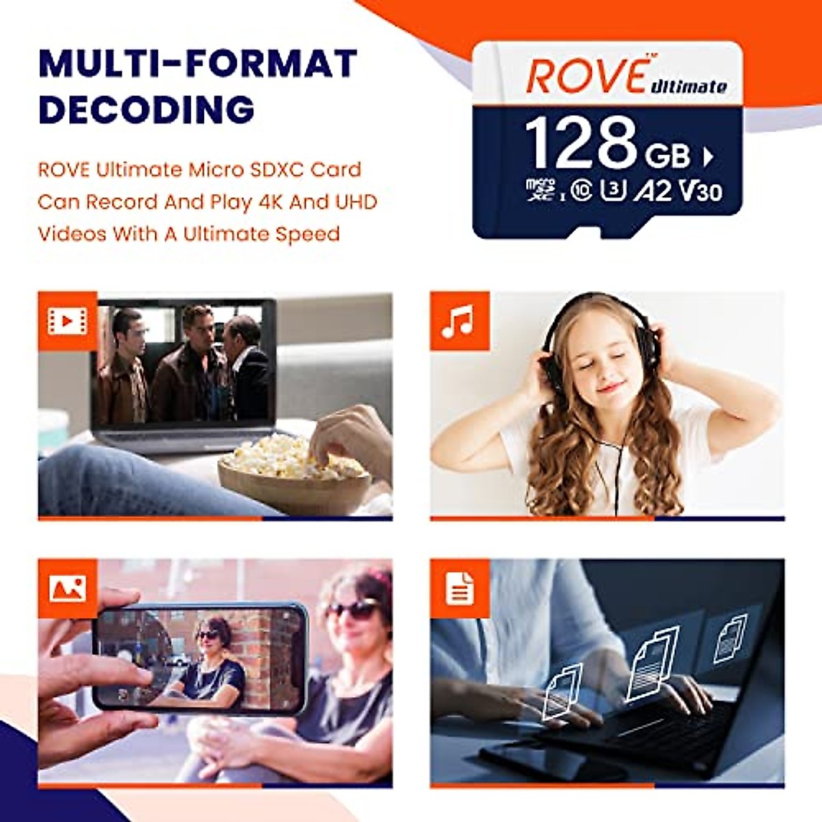 ROVE Ultimate Micro SD Card microSDXC 128GB Memory Card with USB 3.2 Type C Card Reader 170MB/s C10, U3, V30, 4K, A2 for Dash Cam, Android Smart Phones, Tablets, Games