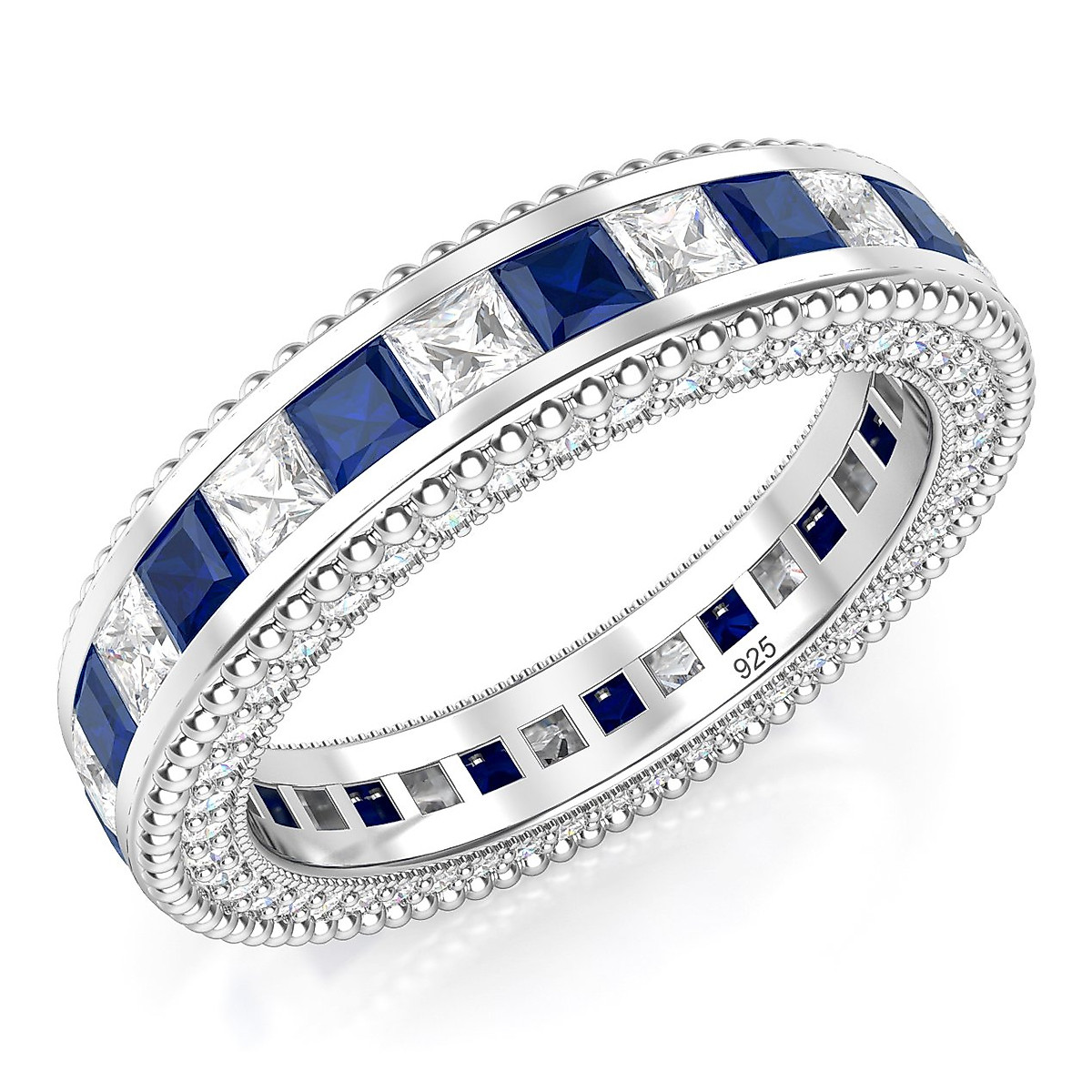 Metal Factory Sz 8 Sterling Silver 925 Princess Cut Blue & White Cubic Zirconia CZ Eternity Band Ring