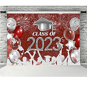 Lofaris Class of 2023 Party Backdrop Red and Silver Congrats Grad Graduation Caps Photography Background Celebration Graduation Prom Party Decor Supplies Photo Booth Banner 7x5ft