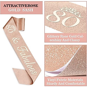 80th Birthday Decorations for Women, Including 80th Birthday Crown, Sash, Cake Topper, Candles and a Compact Mirror, Rose Gold Not A Day Over Fabulous 80th Birthday Gifts for Women